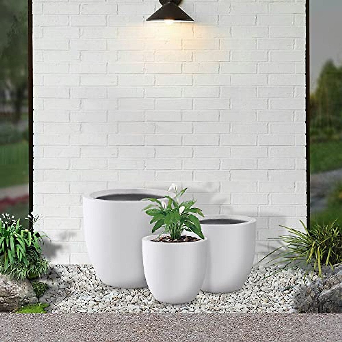 Kante 18", 14", and 10" W Pure White Concrete Round Planters (Set of 3), Outdoor Indoor Modern Planter Pots, Lightweight, Weather Resistant, Seamless with Drainage Hole (RC0050ABC-C80011)