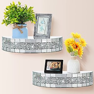 Qunclay 2 Pieces Mirrored Floating Conner Shelf Silver Mirror Crushed Diamond Decorative Wall Shelf Triangle Corner Crystal Glass Art Decor for Bedroom, Bathroom or Living Room, 15 x 6 x 3.2 Inch