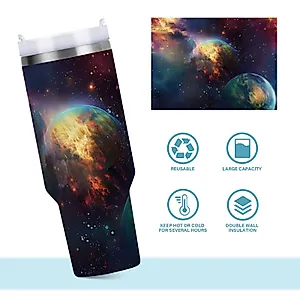 ALAZA Space Planets Nebula 40 oz Tumbler Stainless Steel Water Bottle Vacuum Insulated Cup with Straw Lid & Handle For Travel Car Cup Holder