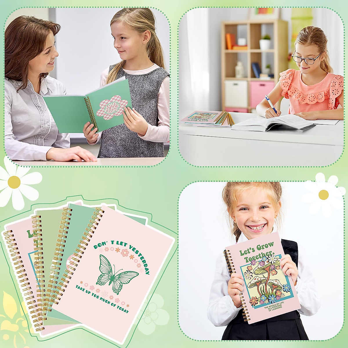 Cholemy 4 Pack Pink Green Notebooks Aesthetic Notebooks A5 Size 5.7 x 8.3 Inch Cute Aesthetic Notebook Spiral Travel Journal for Women Lined Paper