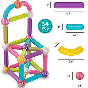 Magnetic Balls and Rods Set | 34 PCS Educational Magnet Building Blocks – Vibrant Colors, Different Sizes & Curved Shapes + Instructions Manual – Developmental STEAM Toys for Boys & Girls 3 4 5 6 7