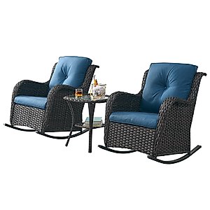 Rilyson Patio Chairs Outdoor Rocking Chair - 3 Piece Wicker Patio Bistro Set Rattan Patio Furniture Rocker Chairs and Side Table for Porch Deck Backyard Garden(Brown/Blue)