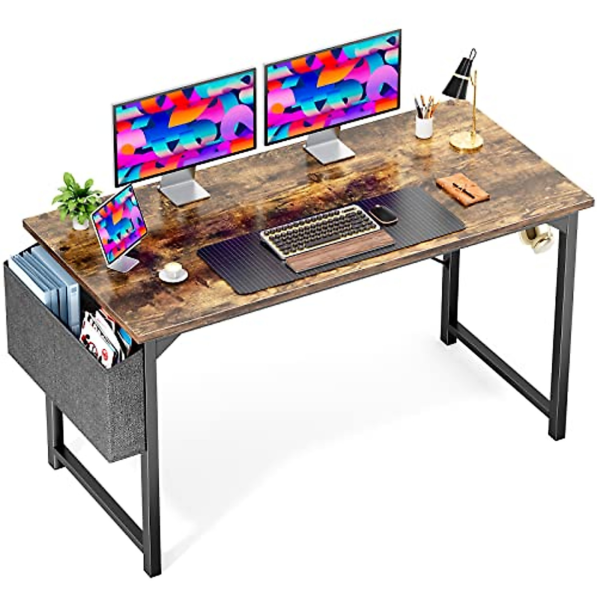 Office Desk - 55 Inch Computer Desk, Large Gaming Desk, Writing Desk with Storage and Hooks, Wood Desk for Bedroom, Executive Work Desk for Home Office, PC Gaming Table Desk, Rustic Brown