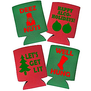 Christmas Coolies - Funny Holiday Can Cooler Pack of 4 - Alcohol Gift for Christmas Party, White Elephant, or Stocking Stuffer
