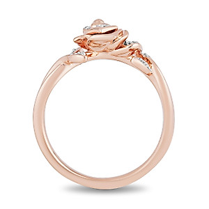 Jewelili Enchanted Disney Fine Jewelry 14K Rose Gold Over Sterling Silver 1/10 Cttw White Round Diamond Belle Rose Ring Size 9