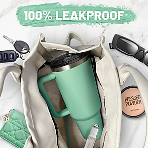 Crave Cups 40oz Tumbler with Lid and Straw l Reusable Spill Proof Double Wall Insulated Stainless Steel Water Bottle Travel Mug l Cupholder Friendly Vacuum Sealed Tumbler with Handle (Seafoam)