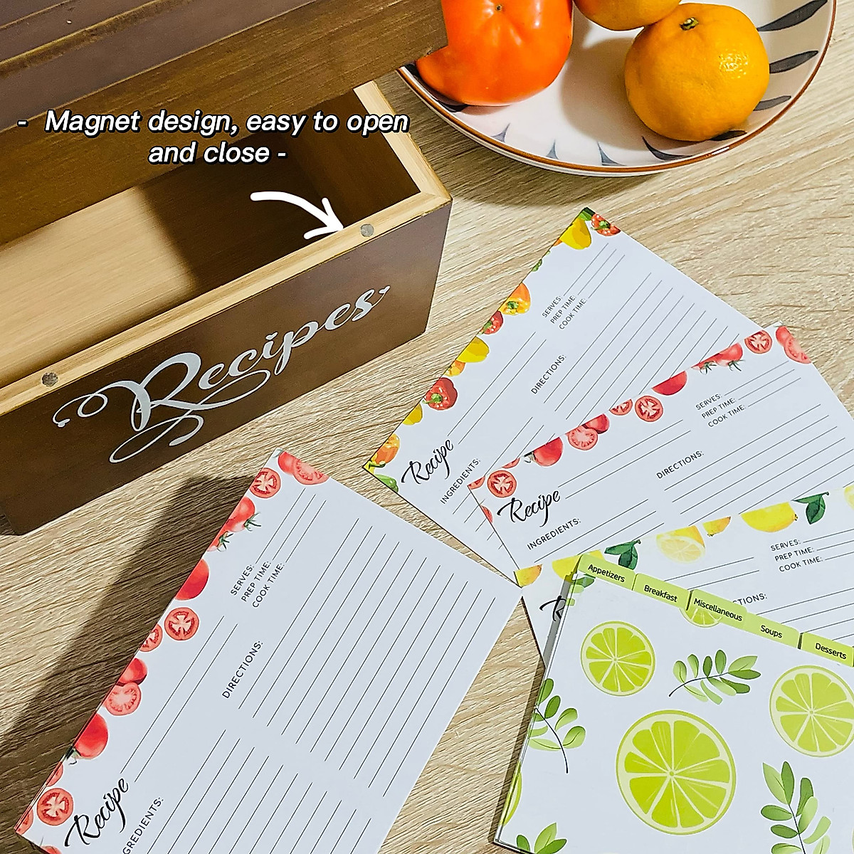 Lumicook Cursive Wood Recipe Box with 120 Double Sided Cards and 7 Dividers | Bamboo Recipe Card Box with Phone and Card Holder | Dark Brown Bamboo Wood Recipe Organizer