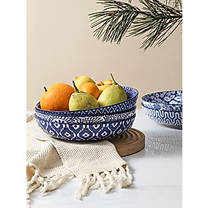 Selamica Porcelain 26 Ounce Pasta Bowls Set of 6, 8 inch Wide and Shallow Salad Bowls, Serving Bowls, Microwave & Dishwasher Safe, Sturdy & Stackable, Vintage Blue