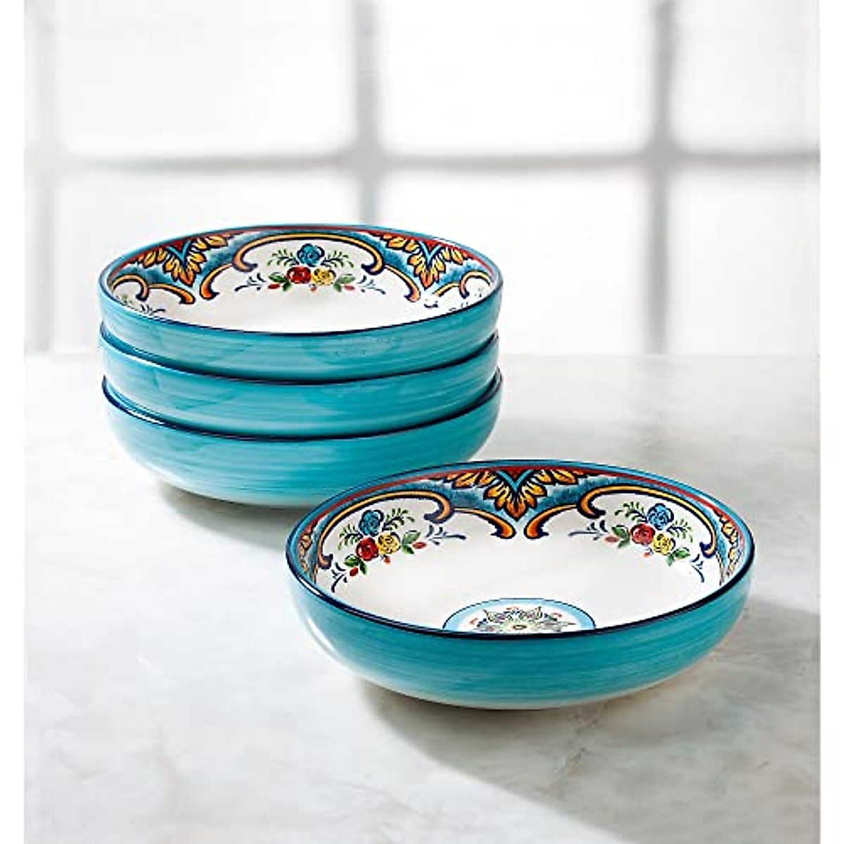 Euro Ceramica Zanzibar Collection Pasta Bowl Sets, Set of 4, Spanish Floral Design, Multicolor Blue