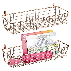 mDesign Wallmount Metal Storage Basket Tray with Handles - Decorative Organizer for Hanging in Entryway, Mudroom, Bedroom, Bathroom, Laundry Room - Small - Hooks Included - 2 Pack - Rose Gold