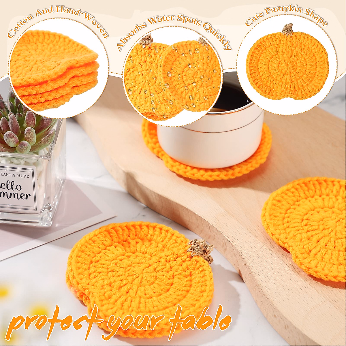 Crochet Pumpkins Coaster Handmade Knitted Drink Coaster Set Autumn Drink Cup Pad Mats Absorbent Bottle Mug Place Mats for Table Protection Fall Halloween Thanksgiving Themed Party Decoration (4 Pcs)