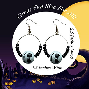 Super Cute Pair of Halloween Skeleton Earrings with Matching Beaded Bracelet for Women. Cute Jack Skellington Inspired Beaded Bracelet for Women. Pair of Cute Ghostly Black Beaded Halloween Earrings for Women. Skull/ Skeleton Beaded Earrings, Beaded Brace