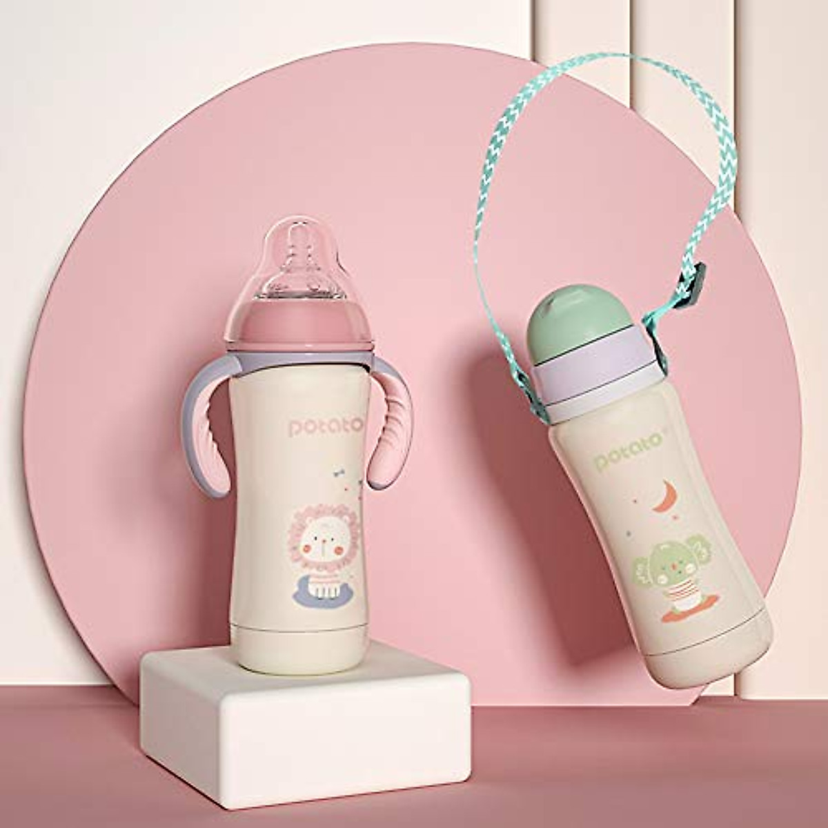 POTATO Baby Thermos Cup Water Bottle for Kids Stainless Steel Sippy Cup with 3 Kinds of Lids,Keeps Cold for 8 Hours 8 oz, Pink