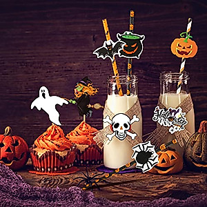 Hotop Halloween Party Supplies Includes 56 Disposable Paper Drinking Straws, 64 Halloween Pattern Cards & 100 Self Adhesive Dots, Pumpkin, Wave, Bat & Stripe Straws for Halloween Party Favors