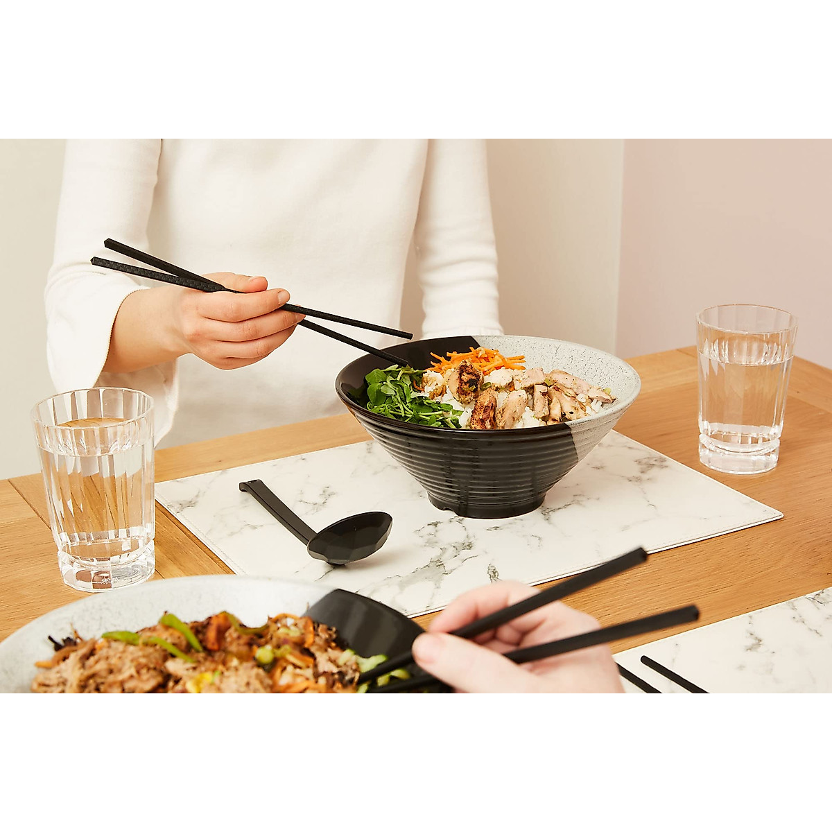 Superly Ceramic Ramen Bowl Set - Japanese Noodle Bowl with Chopsticks and Spoon - Large 60 Oz Bowls - Cute Asian Bowls for Udon, Vietnamese Pho - Soup Bowl with Unglazed Bottom and Screw Thread Design