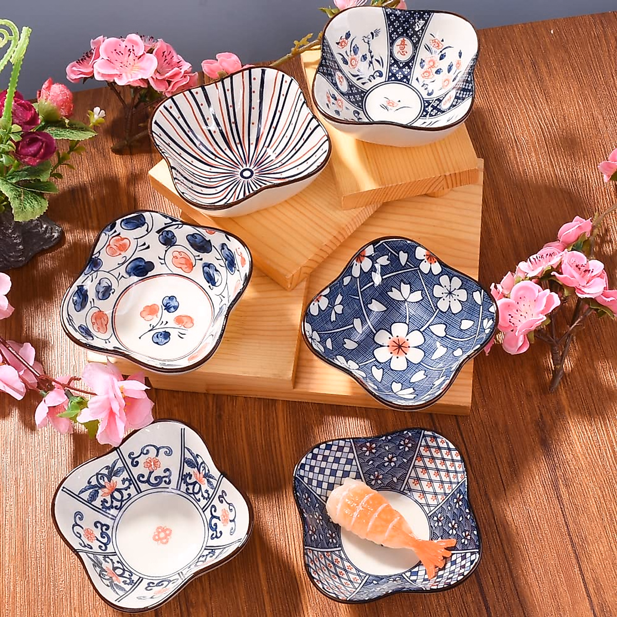 BOSILI Sauce Bowl Set of 6-4 OZ Sauce Plate, 6 Different Pattern Dipping Bowls/Dish, Mini Small Bowls for Soy Sauce, Ketchup, Condiments, Salad Dressing, Spices