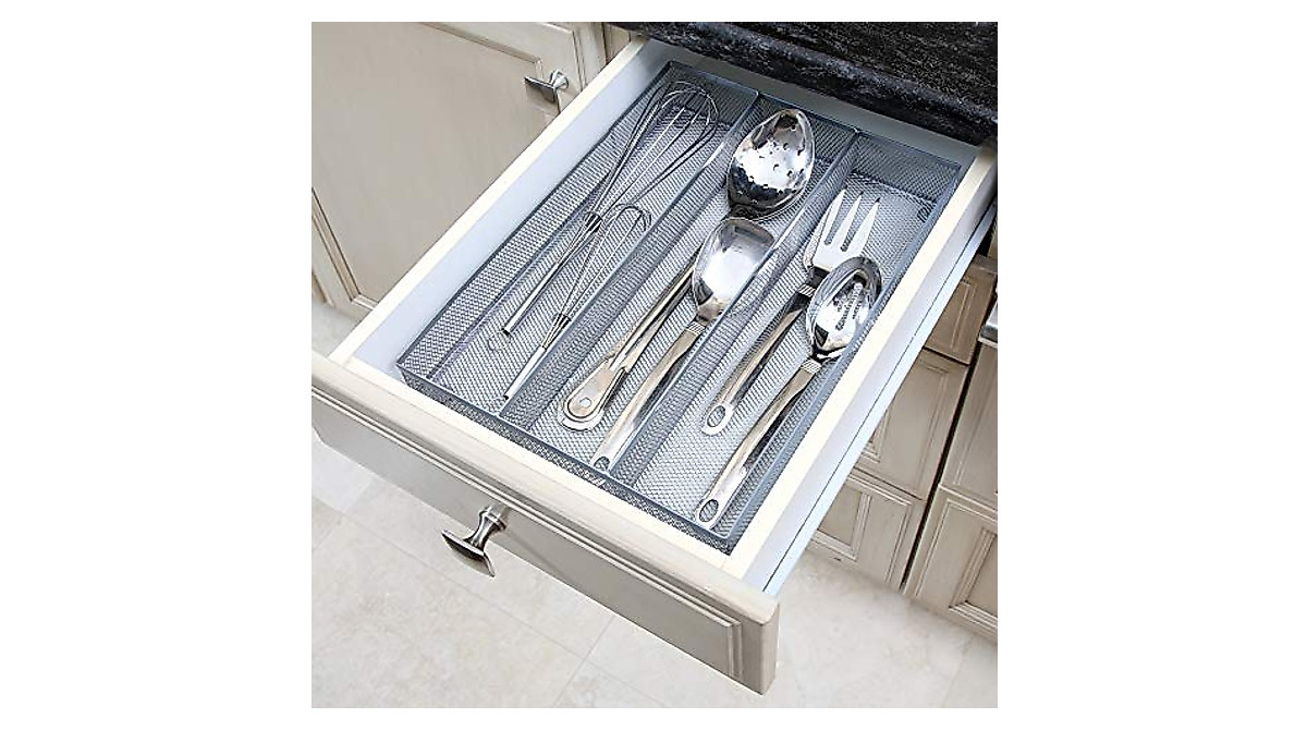 Smart Design 3-Compartment Drawer Organizer - Steel Mesh, Silver