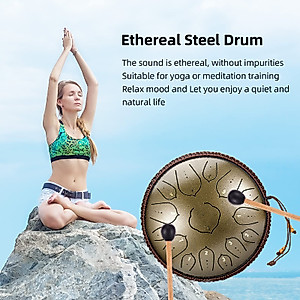 Steel Tongue Drum,Premium 14 Inch 15 Notes D Minor Hand Steel Drum,Adult's Steel Drum instrument,Clean Clear Ethereal Sounds,Oil Brown
