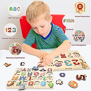 Aomola Wooden Puzzles for Toddlers,Alphabet ABC Puzzle Numbers Puzzle Set,Kids Educational Preschool Pegged Puzzles,Learning Toys Gift for 3 Year Old and Up Boys and Girls