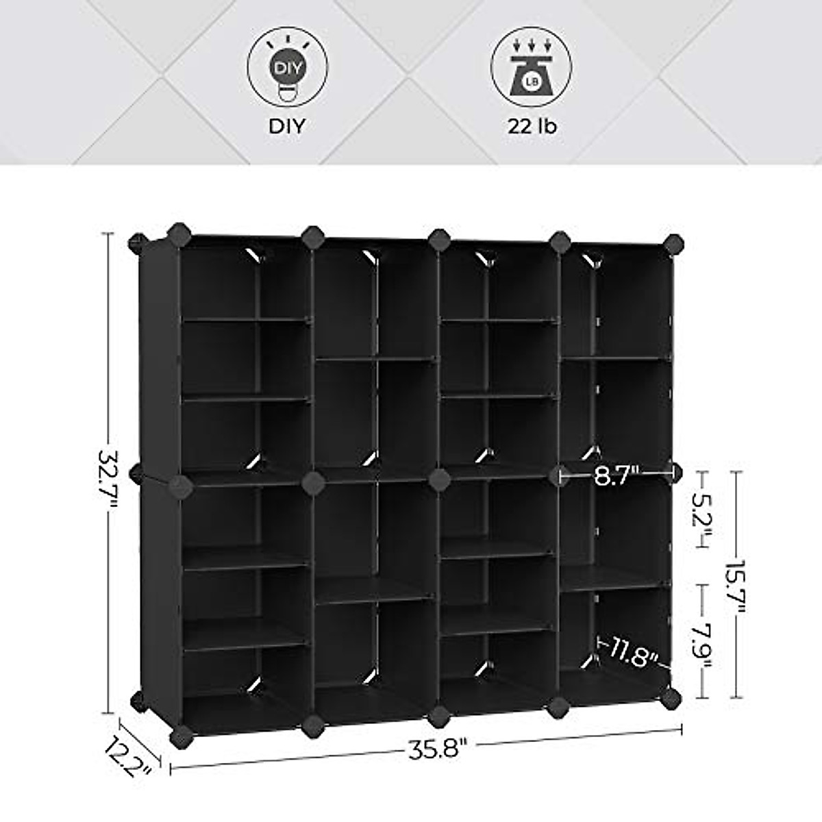 SONGMICS Shoe Rack, Interlocking Storage Organizer Unit, 20-Slot Rectangular Cube Storage with Hooks, Adjustable Shelves, Modular Cabinet, for Closet Entryway Hallway, Black ULPC504B01