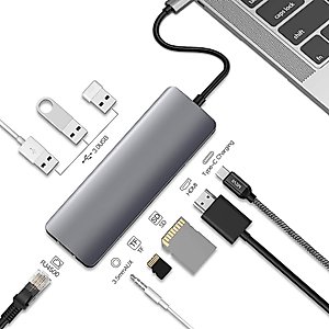 MSVII USB C Hub, 9 in 1 USB Type C Adapter with Ethernet, 4K USB C to HDMI, 3 USB 3.0 Ports, SD/TF Card Reader, 3.5mm Audio Jack, PD Fast Charging for Mac Book Pro and Other Type-C Laptops