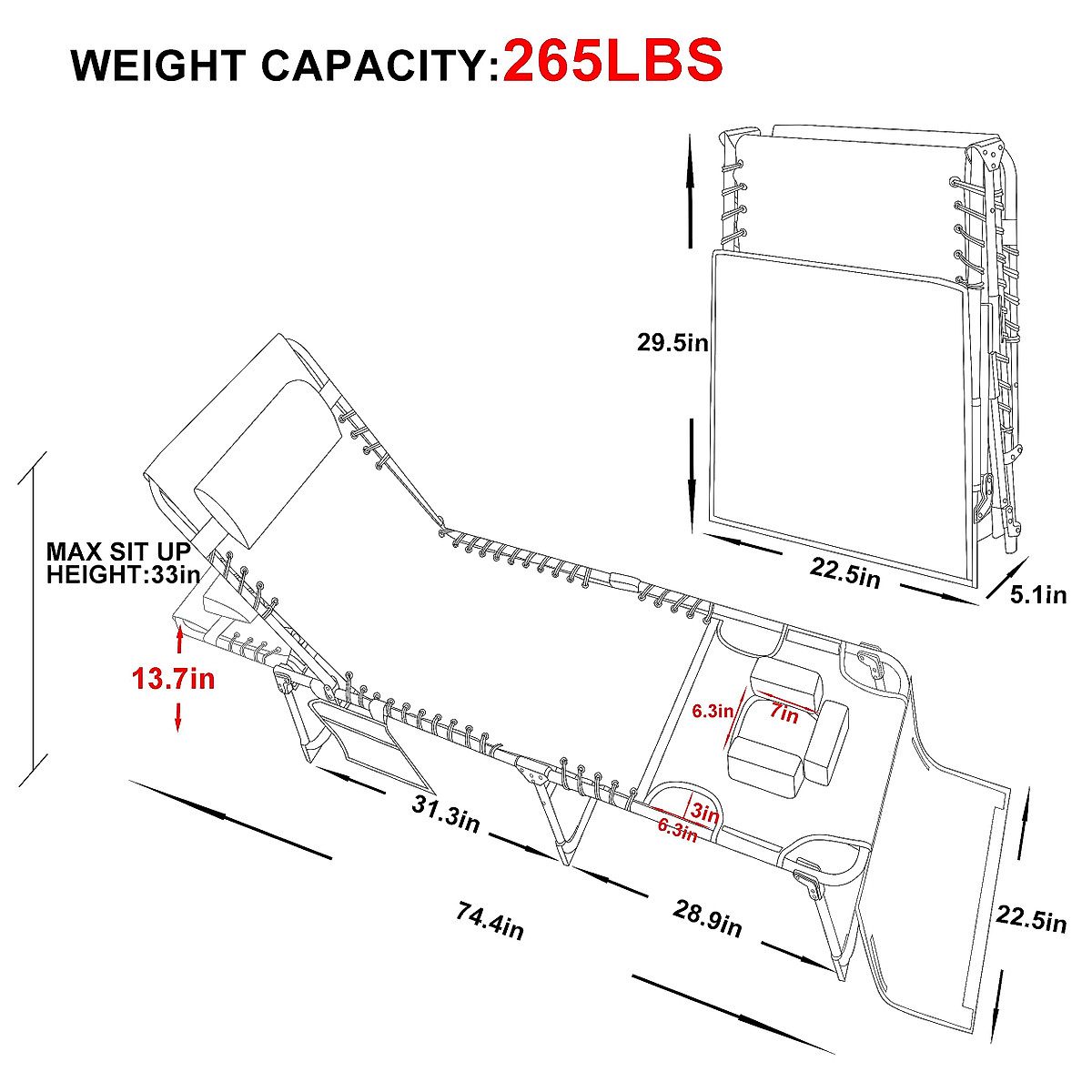 Yardenaler Foldable Outdoor Chaise Lounge Chair with Face & Arm Hole, Portable Tanning Chair with 5-Position Adjustable Back, Detachable Pillow and Pocket for Patio, Beach and Pool, Gray