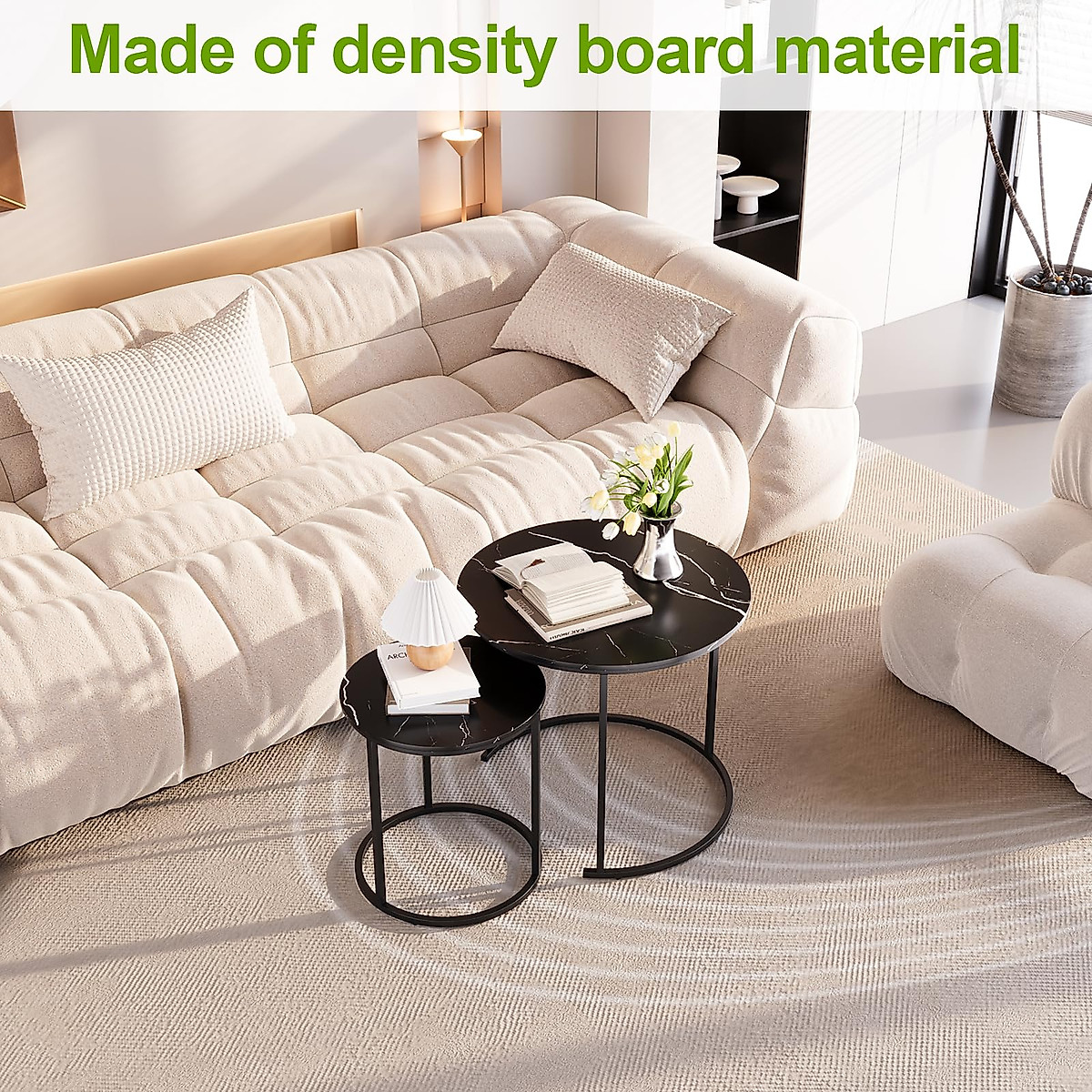 RRG Coffee Table Nesting Black Set of 2 Side - Black Frame and Round Black Marble Wood Table, Industrial End Table Side Tables for Living Room Bedroom Apartment Balcony Yard, Black Marble