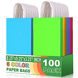 Small Colorful Paper Bags with Handle Kraft Gift Bags 100 Pack, 5.25x3.25x8.25 Inch Gift Bag for Wedding, Halloween, Birthday Party Favors, Grocery, Craft, Retail Shopping, Goody, and Business
