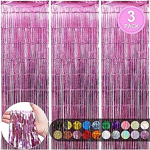 rubfac 3pcs 3.3x8.2 Feet Pink Fringe Backdrop Curtains,Tinsel Streamers Birthday Party Decorations, Fringe Backdrop for Pink Party Decorations Girl Princess Bachelorette Party Decor