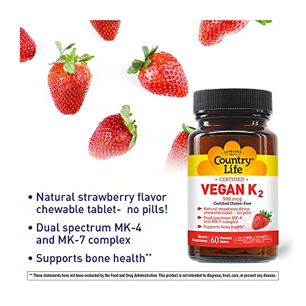 Country Life Certified Vegan K2 500 mcg - 60 Chewables - Strawberry Flavor - Dual Spectrum MK-4 and MK-7 Complex