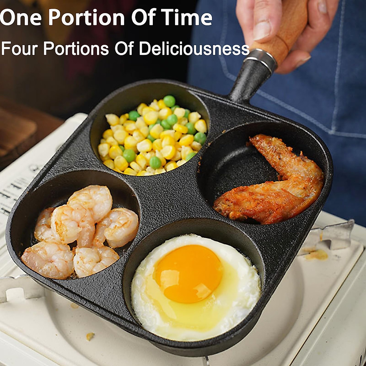 JUSTUP Nonstick Frying Pan,4-Cup Cast Iron Egg Pan Divided Grill Pan with Wooden Handle,Breakfast Skillet Omelet Pan for Egg,Steak and Burgers (Black)