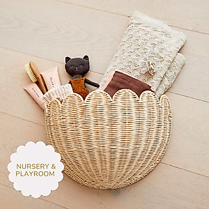 BEBE BASK Scalloped Wicker Wall Basket - Hand Woven Scalloped Basket – Scalloped Décor Wall Hanging Baskets – 16 x 10 x 7 In - Hanging Wall Basket