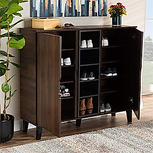 Pemberly Row Mid-Century Modern Two-Tone Walnut Brown and Grey Finished Wood 2-Door Shoe Cabinet