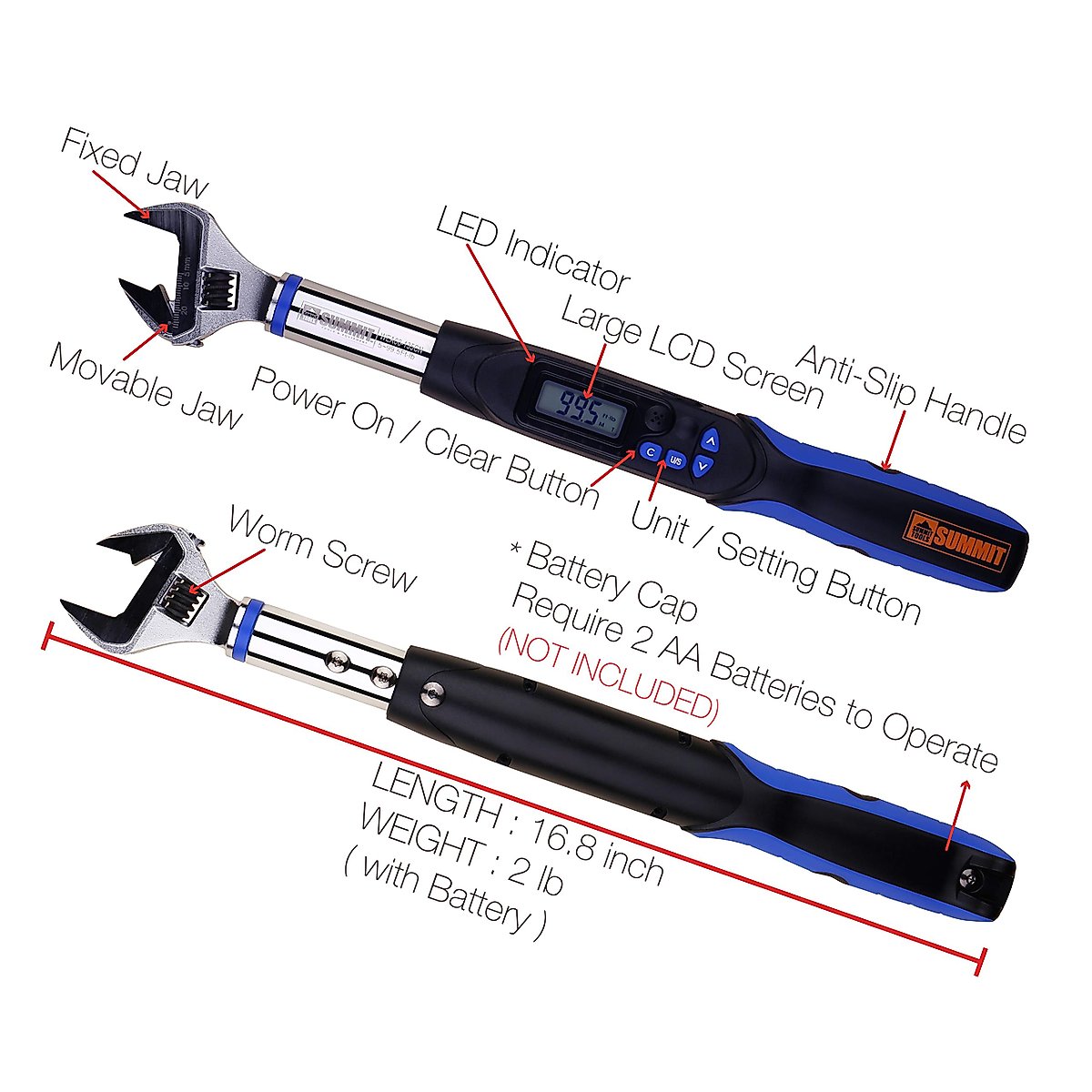 Summit Tools Adjustable Digital Torque Wrench, 5 to 99.5 ft-lb. Torque Range, 5-26 mm Adjustable Jaw, Set Target Torque, Buzzer and LED Indicators, Large LCD Display, Calibrated (WEA08-135CN)