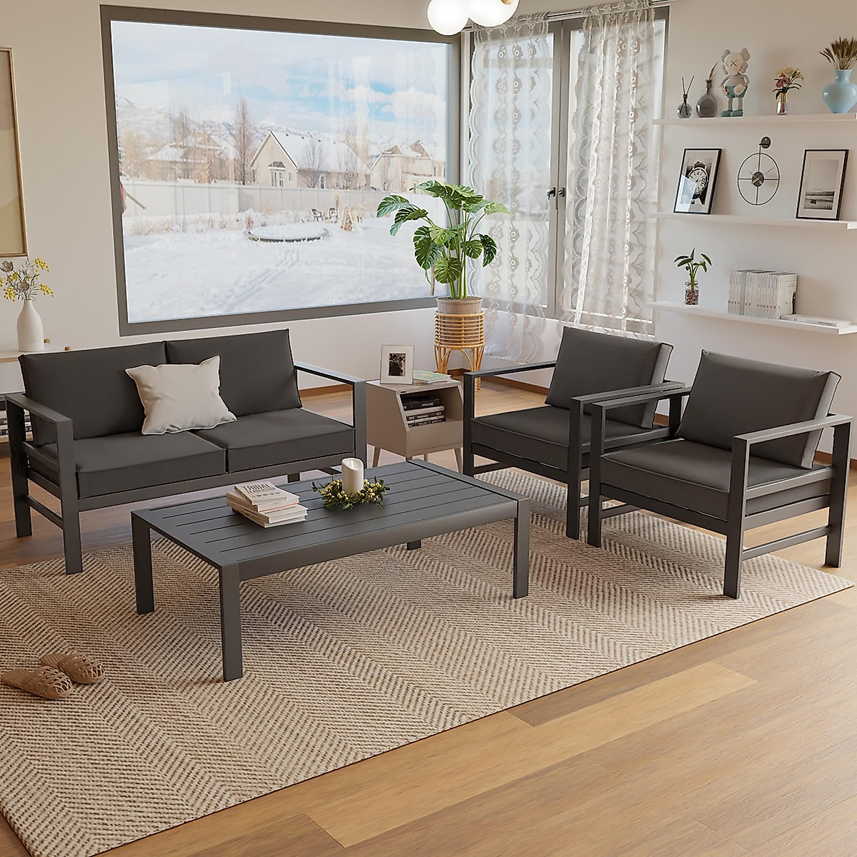 FYRICKYLINOO 4 Piece Cast Aluminum Outdoor Patio Furniture Set, All-Weather 4 PCS Modern Aluminum Outdoor Conversation Sets Metal Patio Sectional Chat Sofa with Coffee Table, Dark Gray