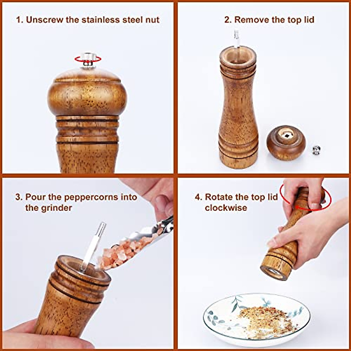 Wood Pepper Grinder Pepper Mill,Adjustable Coarseness Wooden Peppermill, Ceramic Grinding Mechanism Salt Mill Refillable - 8inch (1 Pack)