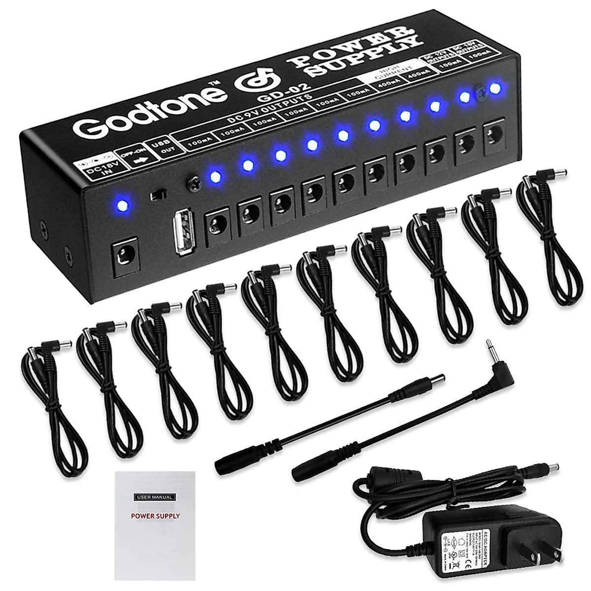 Guitar Pedal Power Supply 10 Way DC Outputs for 9V 12V 18V Effect Pedal with USB(5V2A) Port GD-02