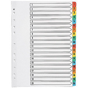 Q-Connect Index A4 Multi-Punched 1-20 Reinforced Multi-Colour Numbered Tabs KF01521