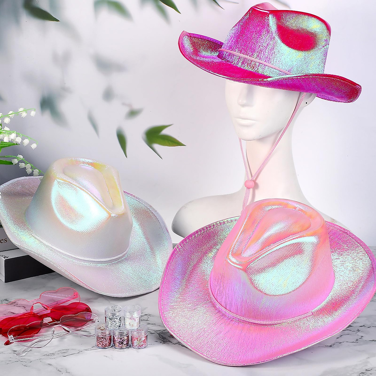Coume 23 Pcs Cowboy Light up Hat Bulk Flashing Holographic Cowgirl Hats with Heart Sunglasses for Women Costume Accessories(Pink, White, Rose Red, Cute Style)