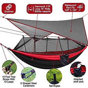 Kinfayv Hammock with Net and Rain Fly - Portable Double Hammock with Bug Net and Tent Tarp Heavy Duty Tree Strap for Travel Camping Backpacking Hiking Outdoor Activities,Red