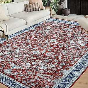 COZYLOOM Large Area Rug 9x12 Washable Rugs Oriental Accent Rug Vintage Floral Printed Carpet Boho Chenille Floor Cover Non-Slip Tribal Aesthetic Rug Soft Foldable Thin Rug Red