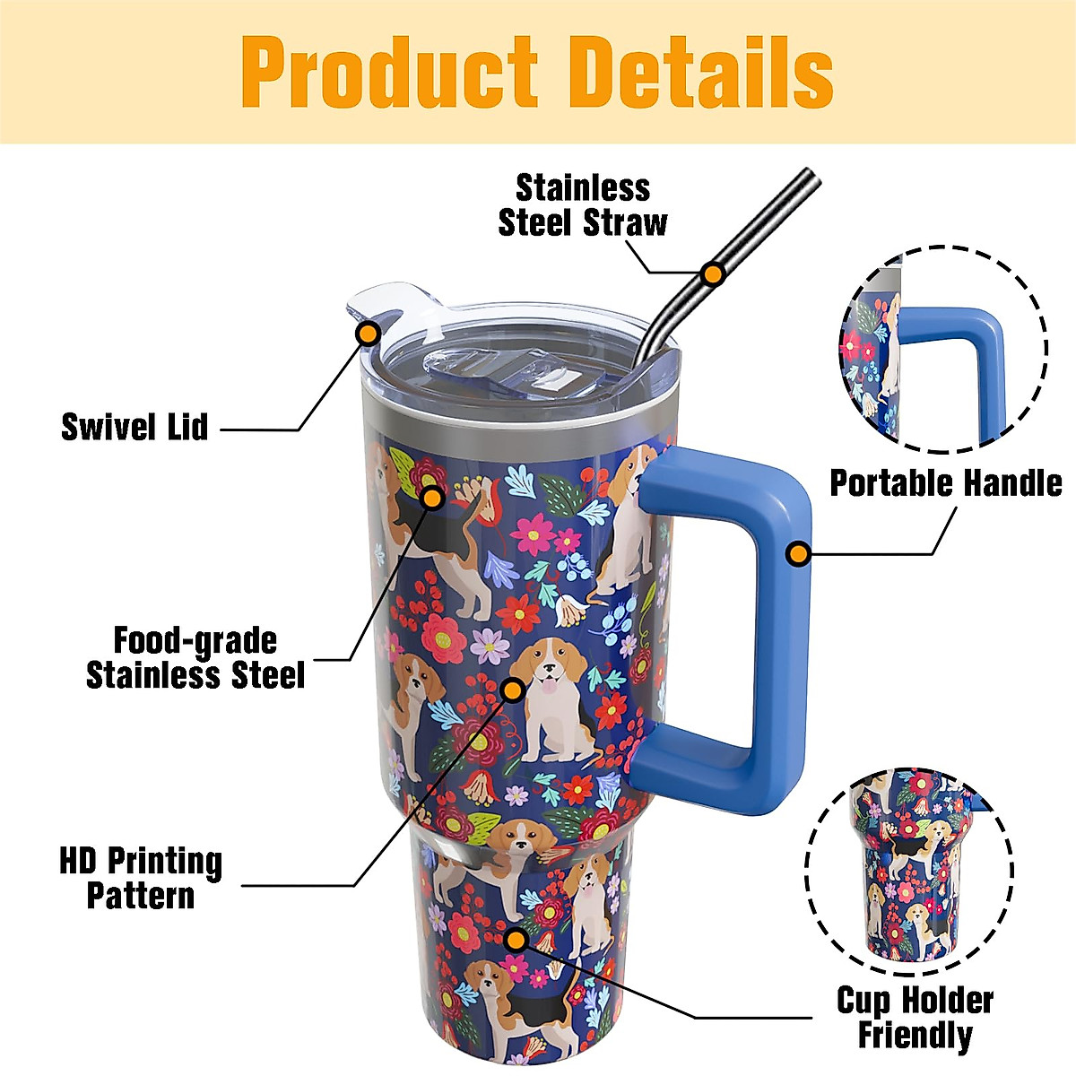 owbgsdh Beagle Gifts for Women Dog Lovers 40 oz Floral Beagle Tumblers with Handle and Straw, Stainless Steel Vacuum Insulated Travel Coffee Mug Cup Water Bottle