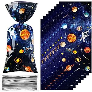 Pajean 100 Pieces Outer Space Treat Bags Solar System Goodies Candy Bags Planet Galaxy Theme Cellophane Party Favors Bags Star Astronaut Gift Bags Outer Space Theme Birthday Party s Supplies Silver