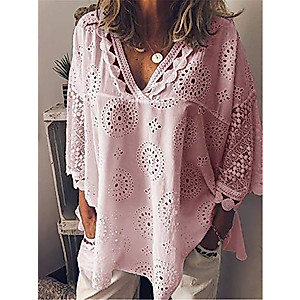 Andongnywell Women's Casual V Neck Tops Hollow Out Loose Cut Out Embroidered Shirt Tunic Blouses Tops (Pink,6,3X-Large)