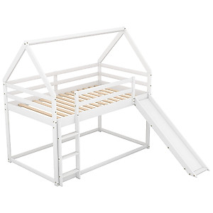 Harper & Bright Designs House Bed Bunk Beds with Slide, Wood Bunk Beds with Roof and Guardrail Twin Over Twin Bunk Bed for Kids, Toddlers, No Box Spring Needed (New, White)