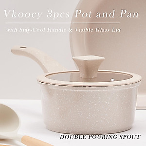Vkoocy Non Stick Pots and Pans Set, Healthy Ceramic Cookware Set, 3pcs Kitchen Cooking Pots and Frying Pan Saucepans Set, PFAS-Free, Taupe