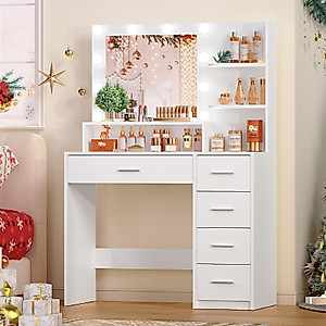 FGNTWP Makeup Vanity Desk with Mirror, 10 Lights, 5 Drawers, 3 Storage Shelves, 3 Color Modes & Adjustable Brightness Dressing Table, 35.4” Desk, White