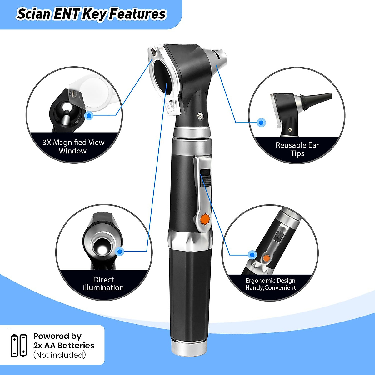 Scian Otoscope - Ear Scope with Light, Ear Infection Detector and Pocket Ear Checker Kit with 3X Magnify Lens, Suitable for Kids, Adults, Doctors, Pets(Black)
