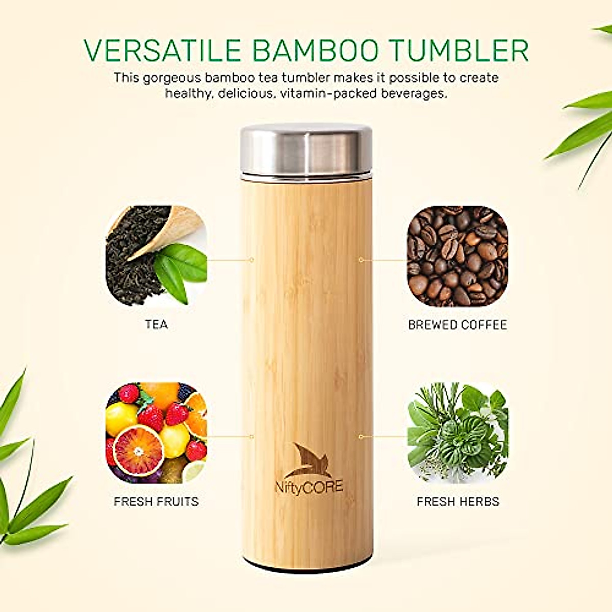 Bamboo Tumbler with Tea Infuser Bottle Loose Leaf Strainer – Advanced Double Insulated Stainless Steel Travel Thermos - Best Gift for Tea Lovers - Leak-Proof Hot Coffee Mug, Fruit Water Bottle (17 oz)