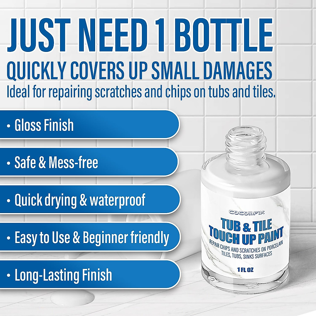 Specialty Tub and Tile Paint, High-Gloss White Tub Paint for Bathtub, Quick-Dry Porcelain Paint for Scratches & Chips on Porcelain, Acrylic, Enamel, Cast Iron, Tubs, Sinks, Tiles and Toilets